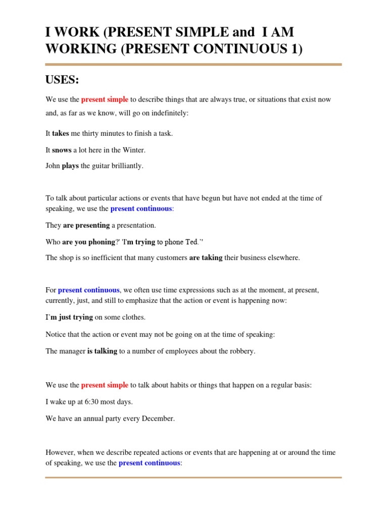 I Am Working (Present Continuous 1) | PDF
