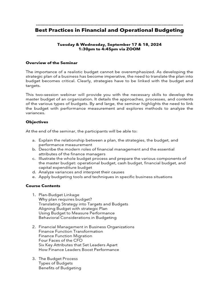 Course Outline - Best Practices in Financial and Operational Budgeting ...