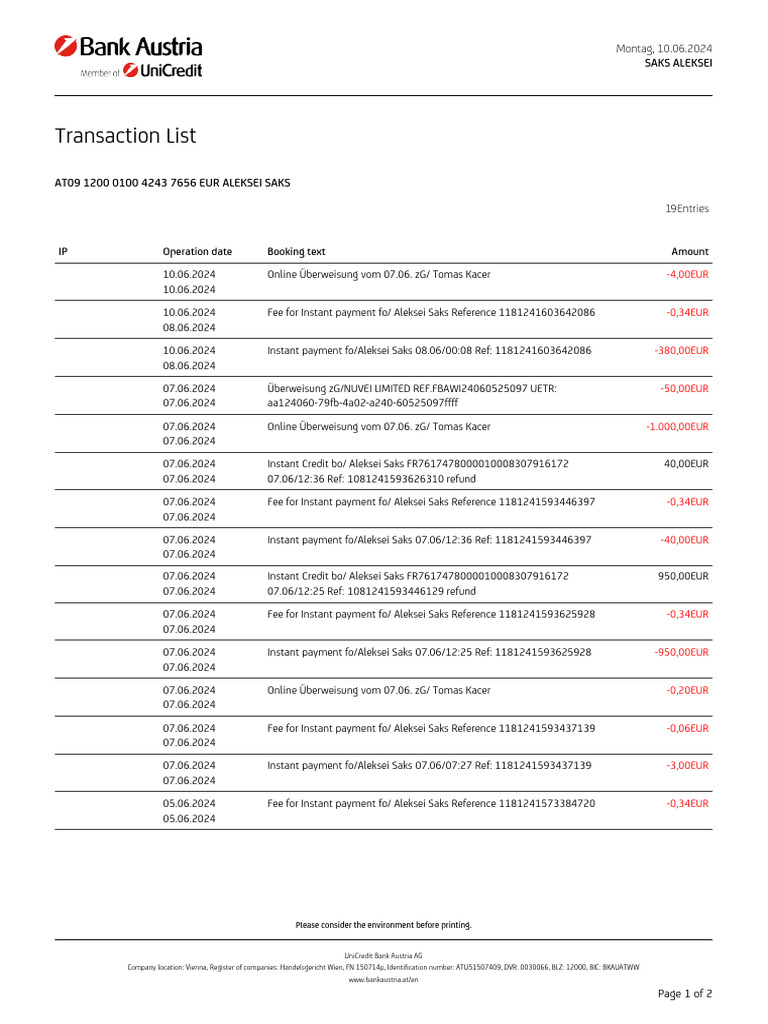 Transaction List 20240610 1718006081684 AT091200010042437656 | PDF | Service Industries | Payments