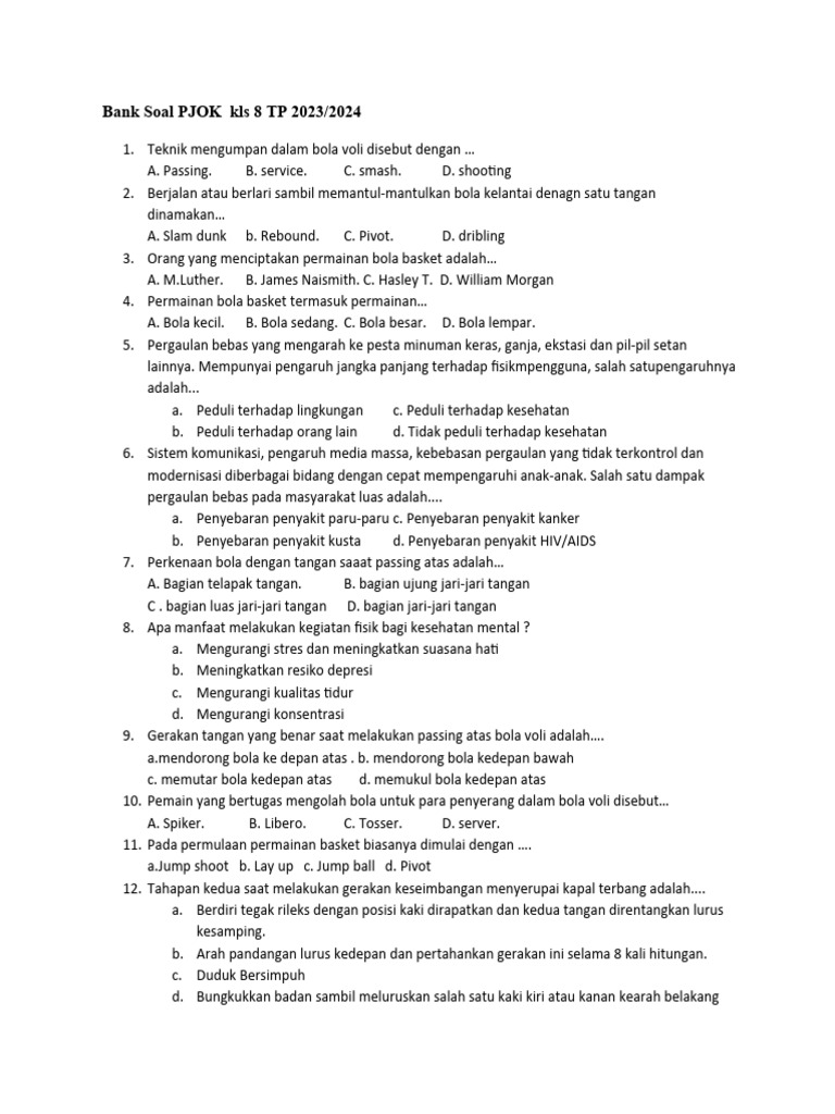 Bank Soal Pjok Kls 8 2023-2024 | PDF