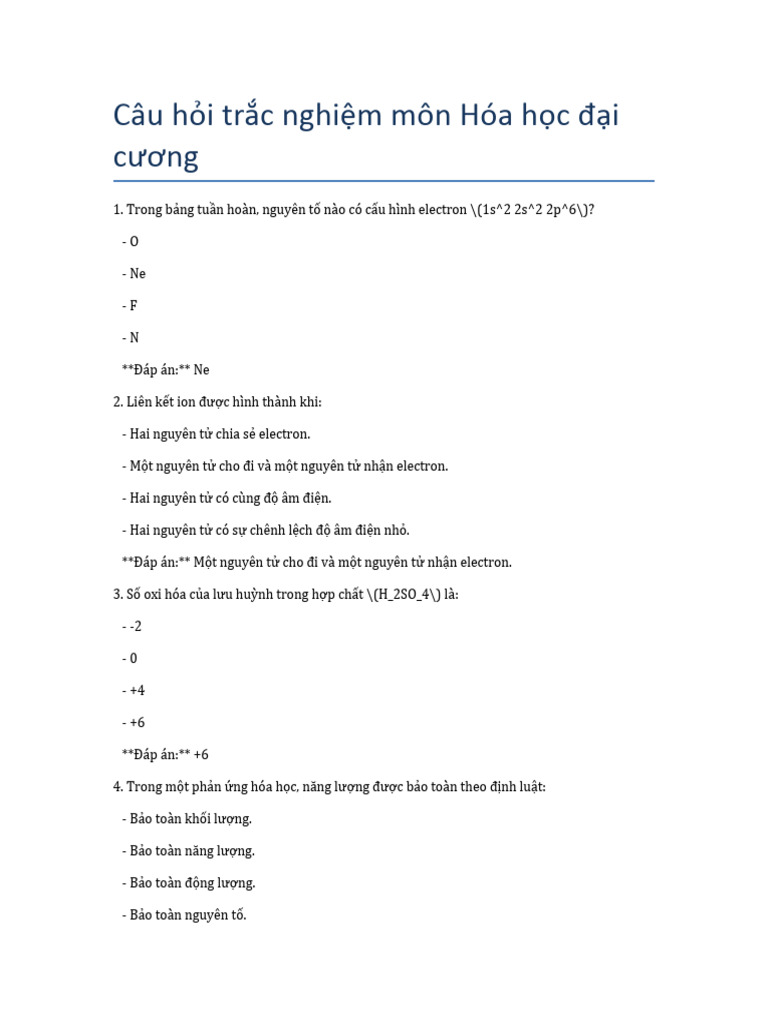Cau Hoi Trac Nghiem Hoa Hoc Dai Cuong | PDF