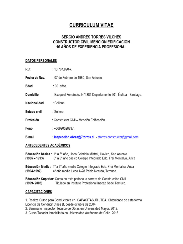 Curriculum Vitae Sergio Torres - Constructor e ITO 2019. | PDF | Bienes raíces | Ingeniería