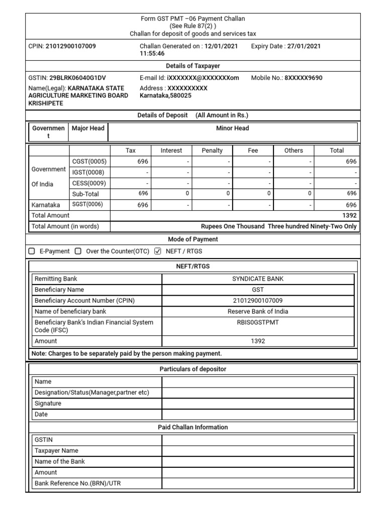 GST PMT-06 Payment Challan Details | PDF | Money | Taxes