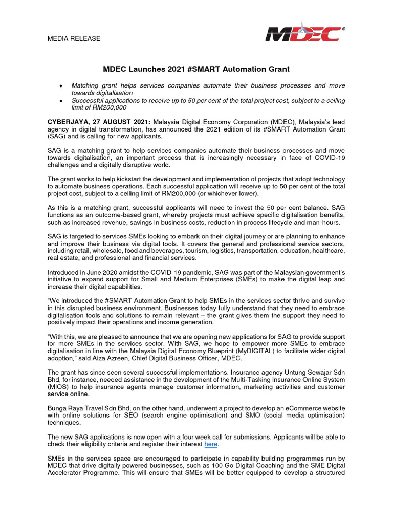 MDEC Launches 2021 SMART Automation Grant - 27 Aug 2021 | PDF | Small ...