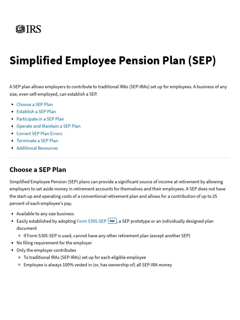 Simplified Employee Pension Plan (SEP) _ Internal Revenue Service ...