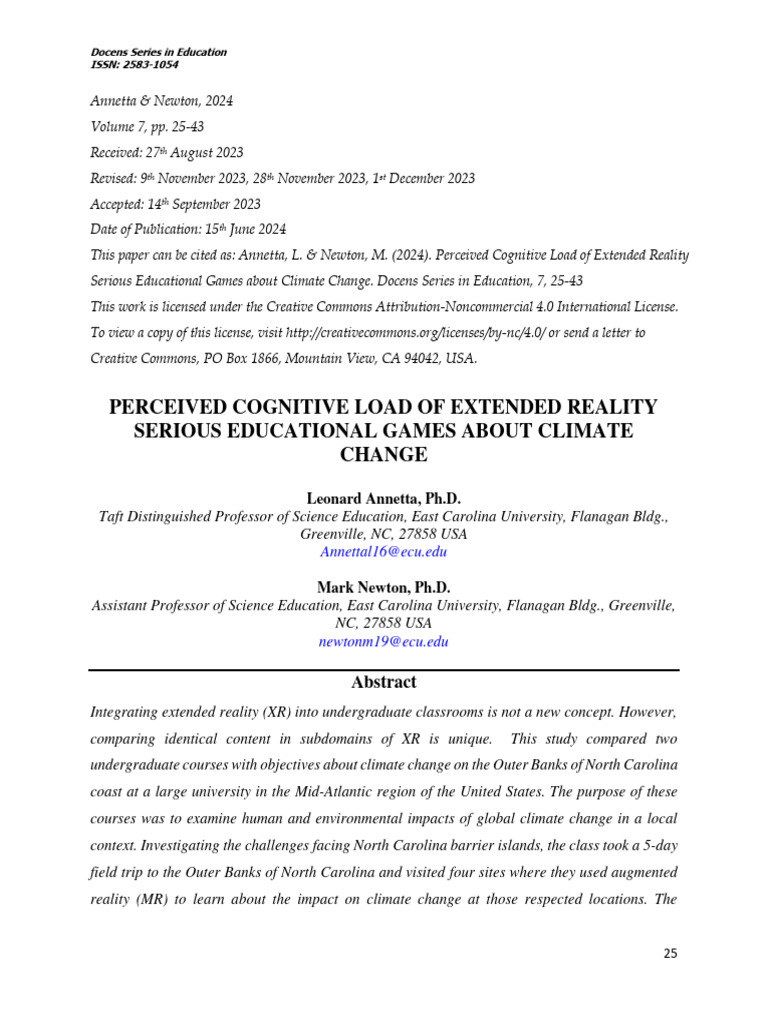 PERCEIVED COGNITIVE LOAD OF EXTENDED REALITY SERIOUS EDUCATIONAL GAMES ABOUT CLIMATE CHANGE ...