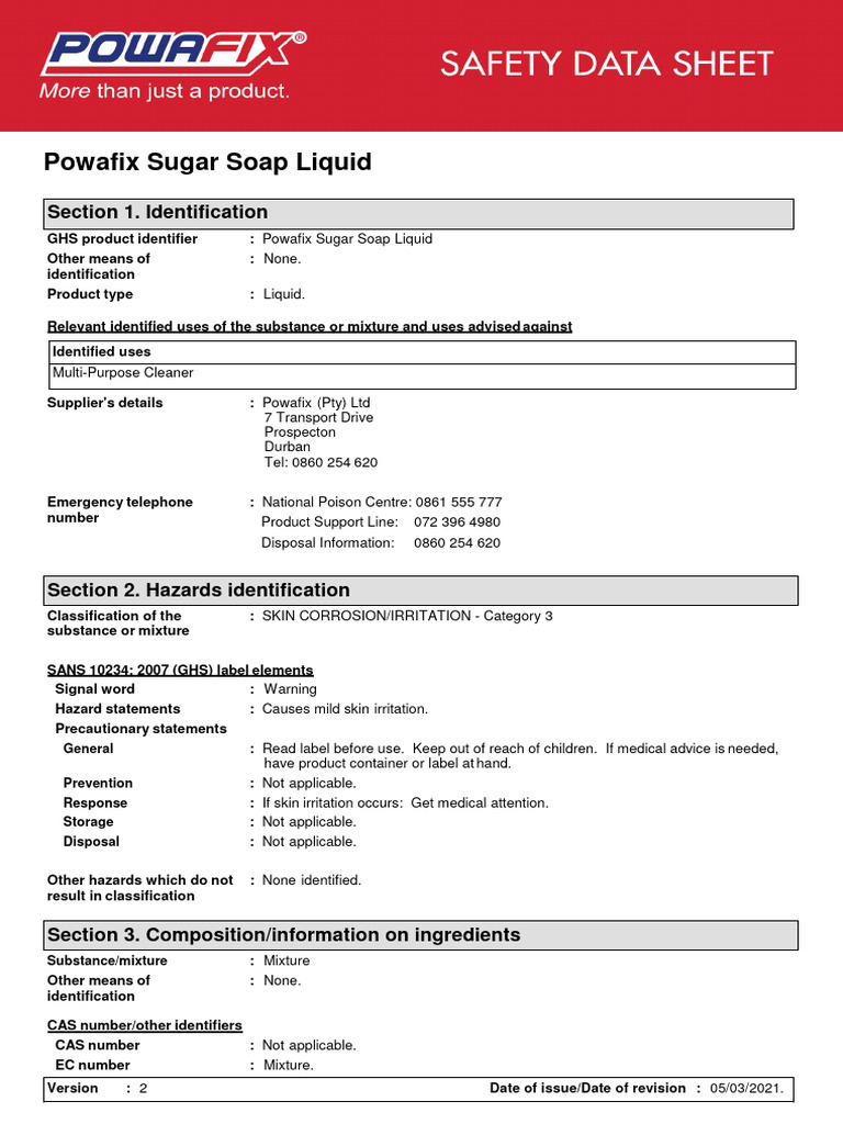 18FEB2022 SDS Sugar Soap Liquid | PDF | Occupational Safety And Health ...