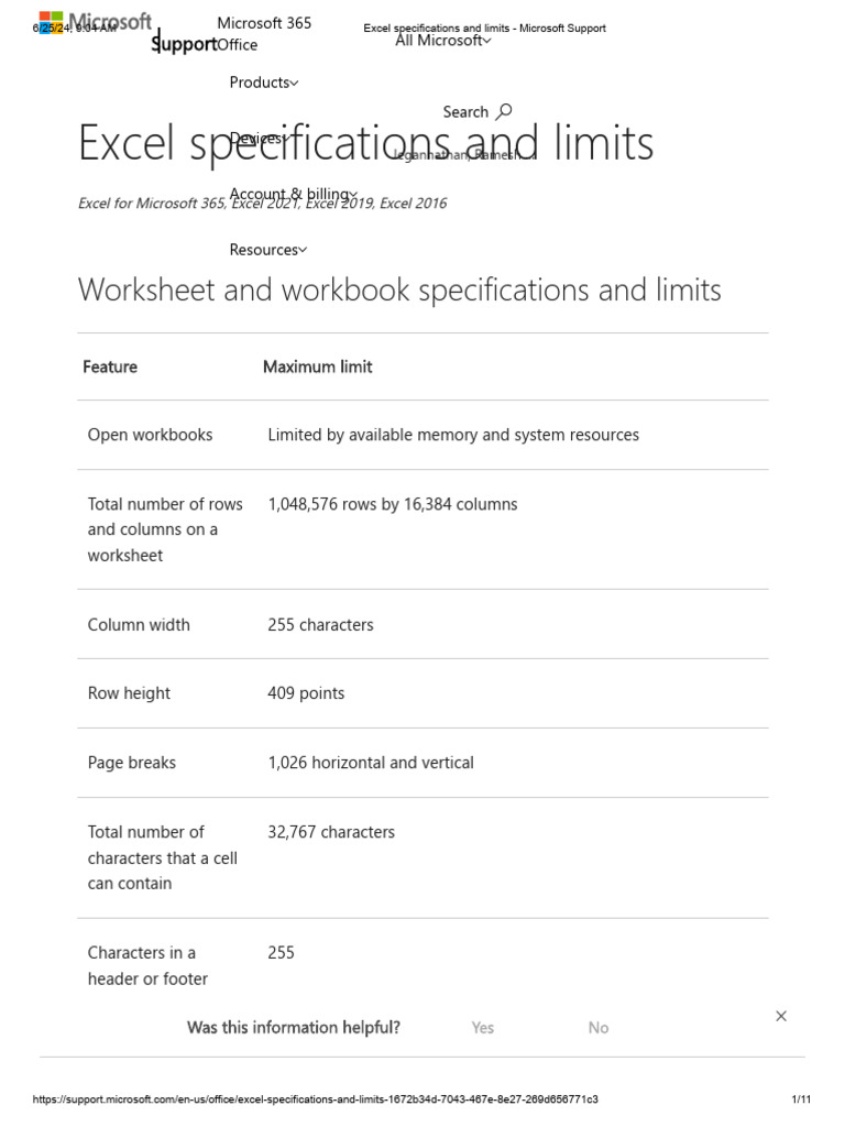 Excel Specifications and Limits - Microsoft Support | PDF | Microsoft Excel | Microsoft