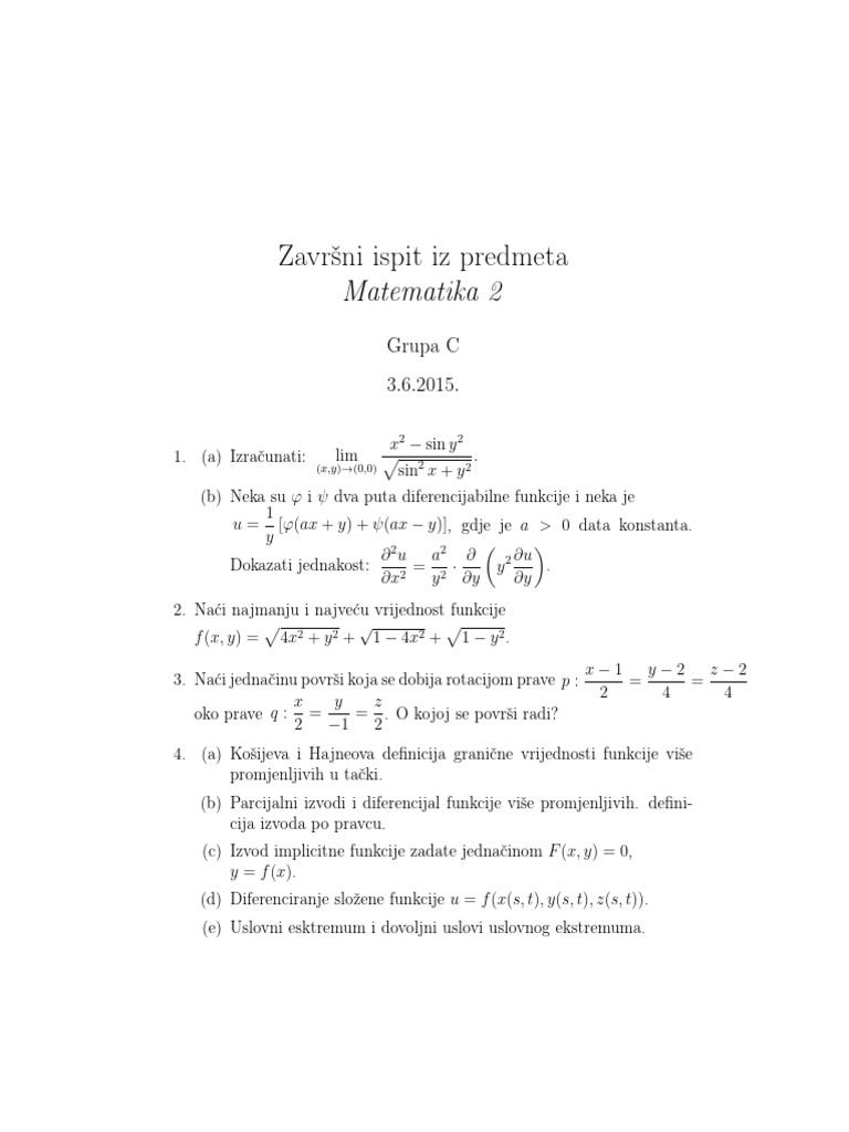 Završni Ispit Iz Predmeta Matematika 2: Grupa C 3.6.2015 | PDF
