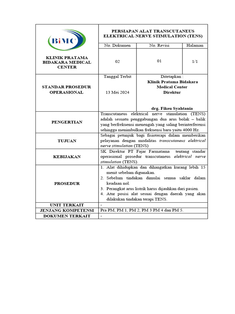 SOP (TENS) Transcutaneus Elektrical Nerve Stimulation | PDF