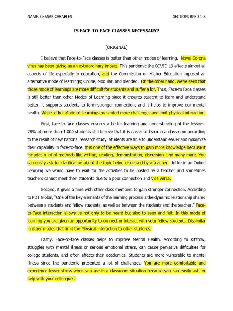 Face-to-Face Classes Essay | PDF | Learning | Teachers