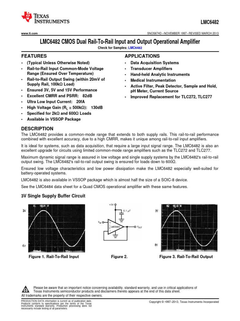 lmc6482 | PDF | Amplifier | Operational Amplifier