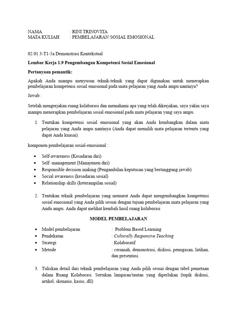 02.01.3-T1-5a Demonstrasi Kontekstual PEMBELAJARAN SOSIAL EMOSIONAL BELUM SIAP | PDF