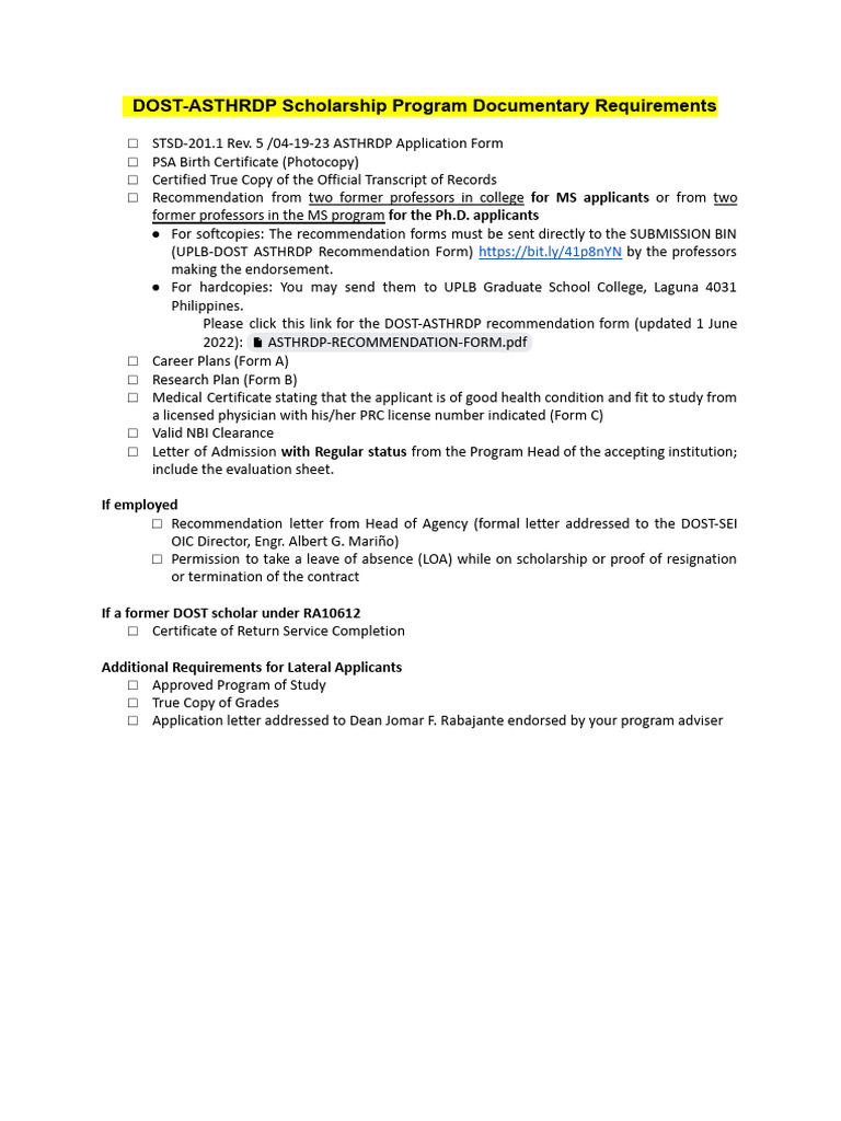 DOST-ASTHRDP Scholarship Program Requirements | PDF | Career & Growth