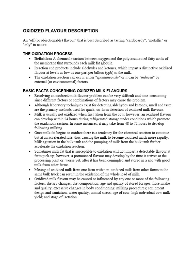 Oxidized Flavour in Bulk Milk | PDF | Milk | Dairy Cattle