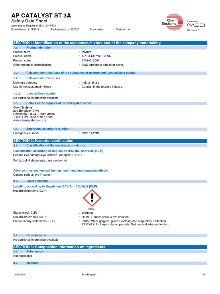 MSDS Ap Catalyst ST 3a | PDF | Dangerous Goods | Personal Protective ...
