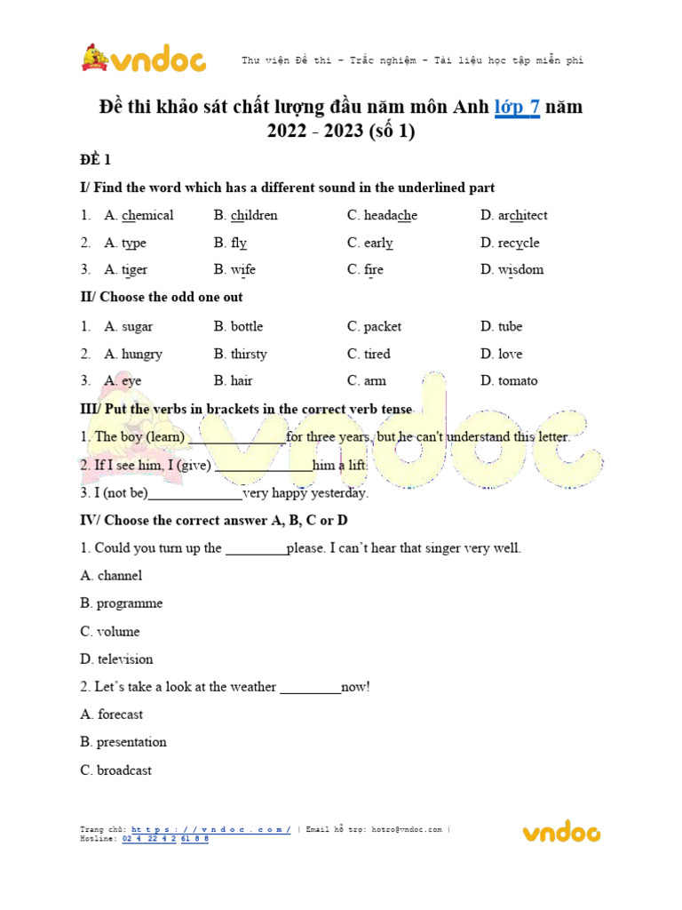 De Thi Khao Sat Chat Luong Dau Nam Mon Anh Lop 7 Nam 2022 2023 So 1 | PDF | Hanoi