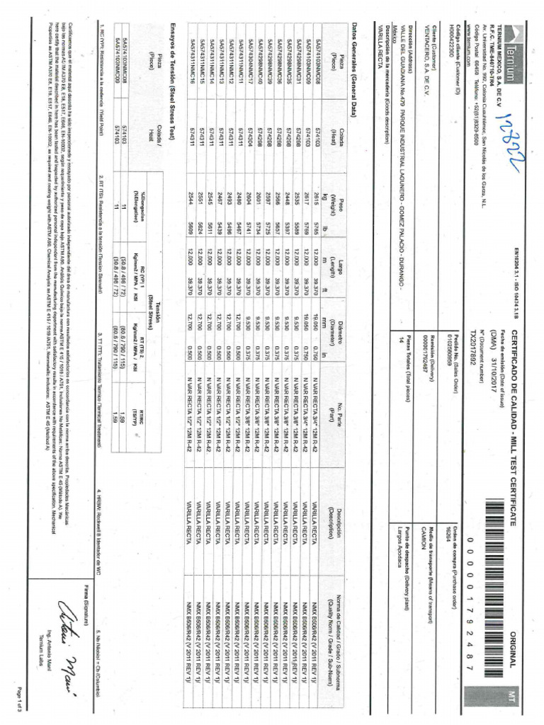 Certificado de Varillas VC12, VC34, VC38 02112017 | PDF