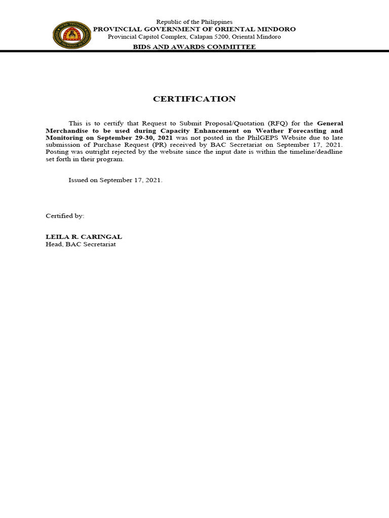 RFQ Certifications for Oriental Mindoro | PDF | Atmospheric Circulation ...
