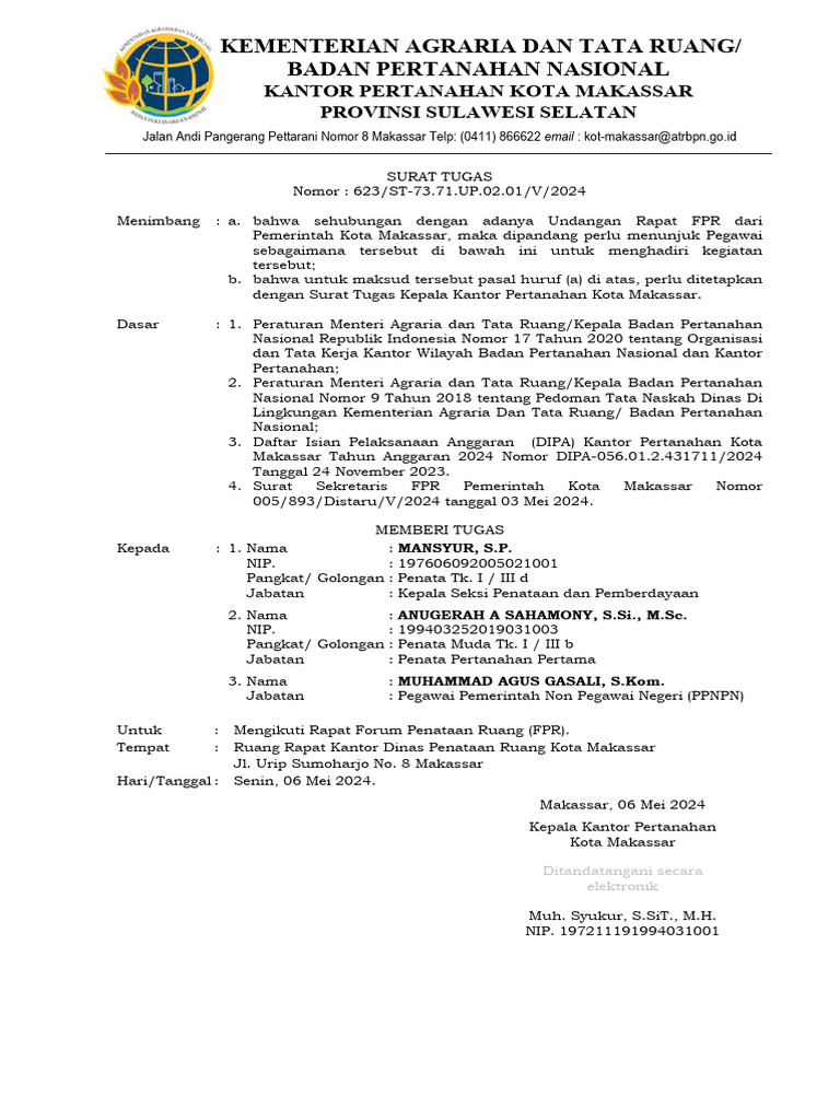Surat Tugas Rapat FPR Makassar | PDF