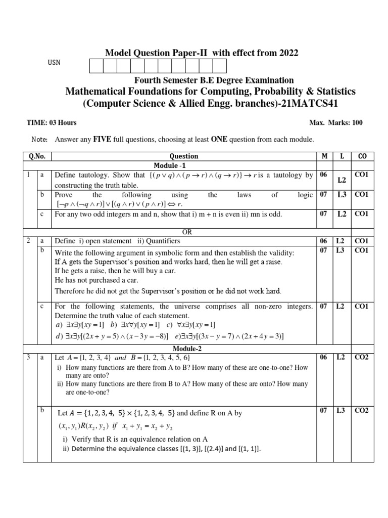 Model Question Paper 2 21matcs41 - Cse Allied Branches | PDF | Standard Deviation | Statistical ...