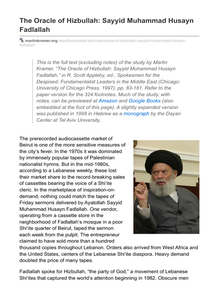 The Oracle of Hizbullah Sayyid Muhammad Husayn Fadlallah 1 | PDF | Najaf | Shia Islam