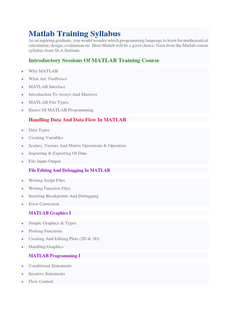 Matlab Training Syllabus | PDF | Matlab | Computer Programming
