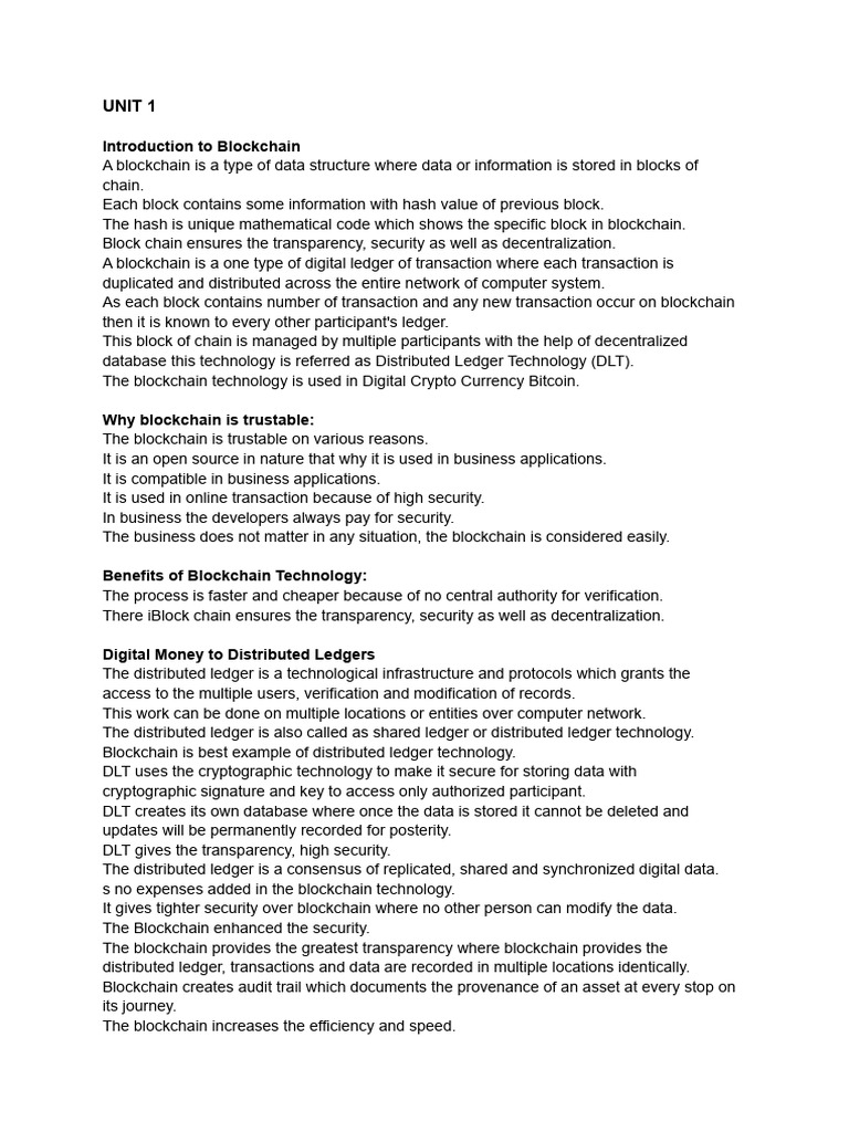 Blockchain Technology-Unit 1 Notes | PDF | Cryptography | Computer Science