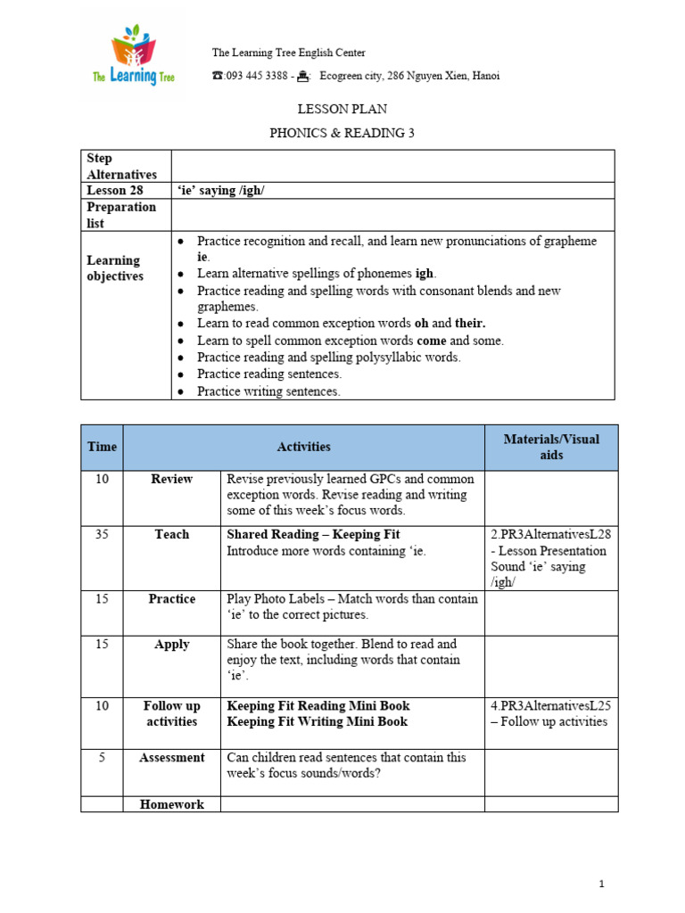 PR3AlternativesL28 - Lesson Plan Sound 'Ie' Say 'Igh' | PDF | Phonics ...