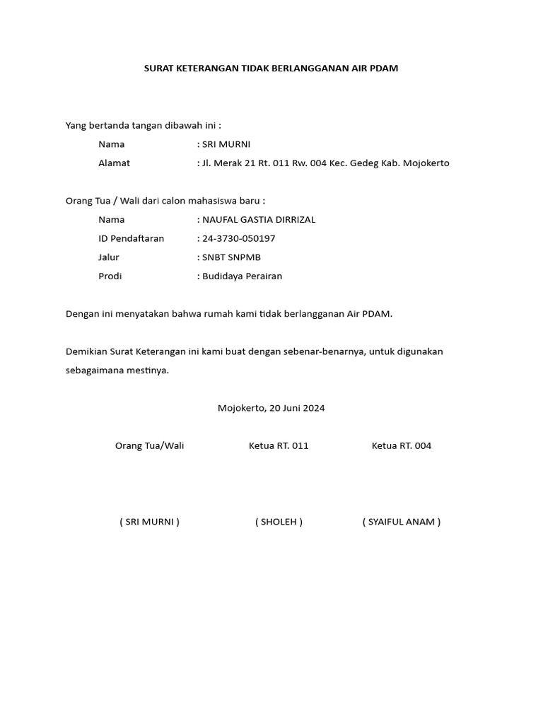 Surat Keterangan Tidak Berlangganan Air Pdam | PDF