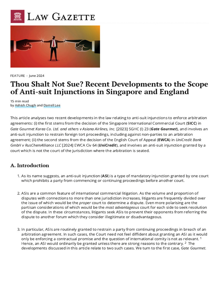 Thou Shalt Not Sue - Recent Developments To The Scope of Anti-Suit Injunctions in Singapore and ...