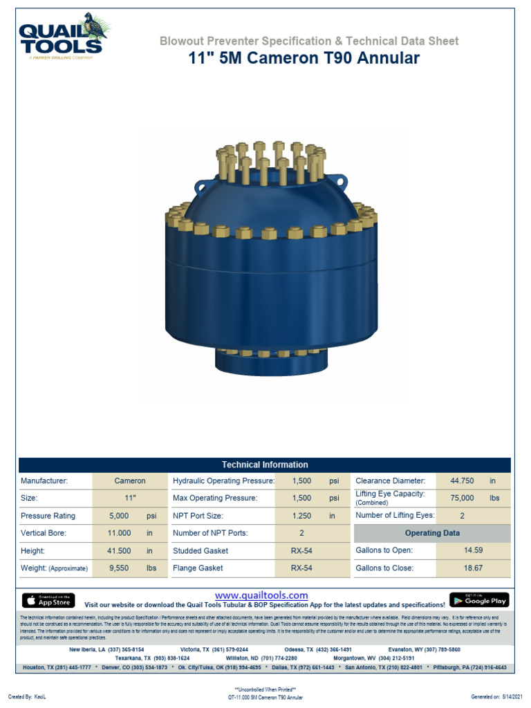 11" 5M Cameron T90 Annular Specs | PDF | Technology & Engineering