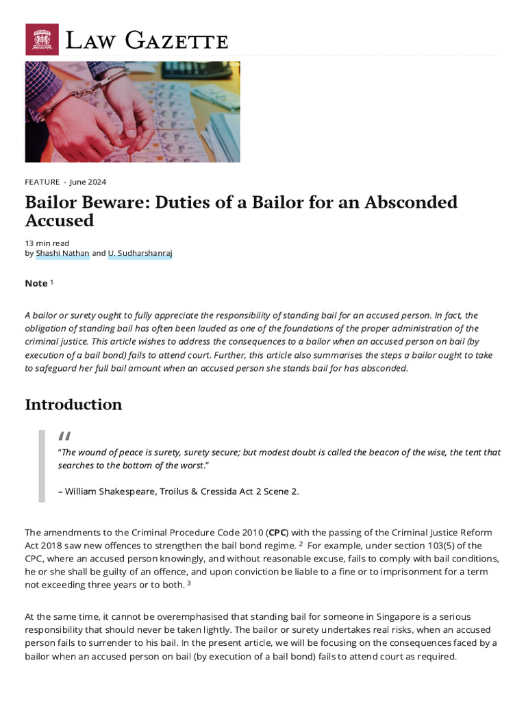 Bailor Beware - Duties of A Bailor For An Absconded Accused - The ...