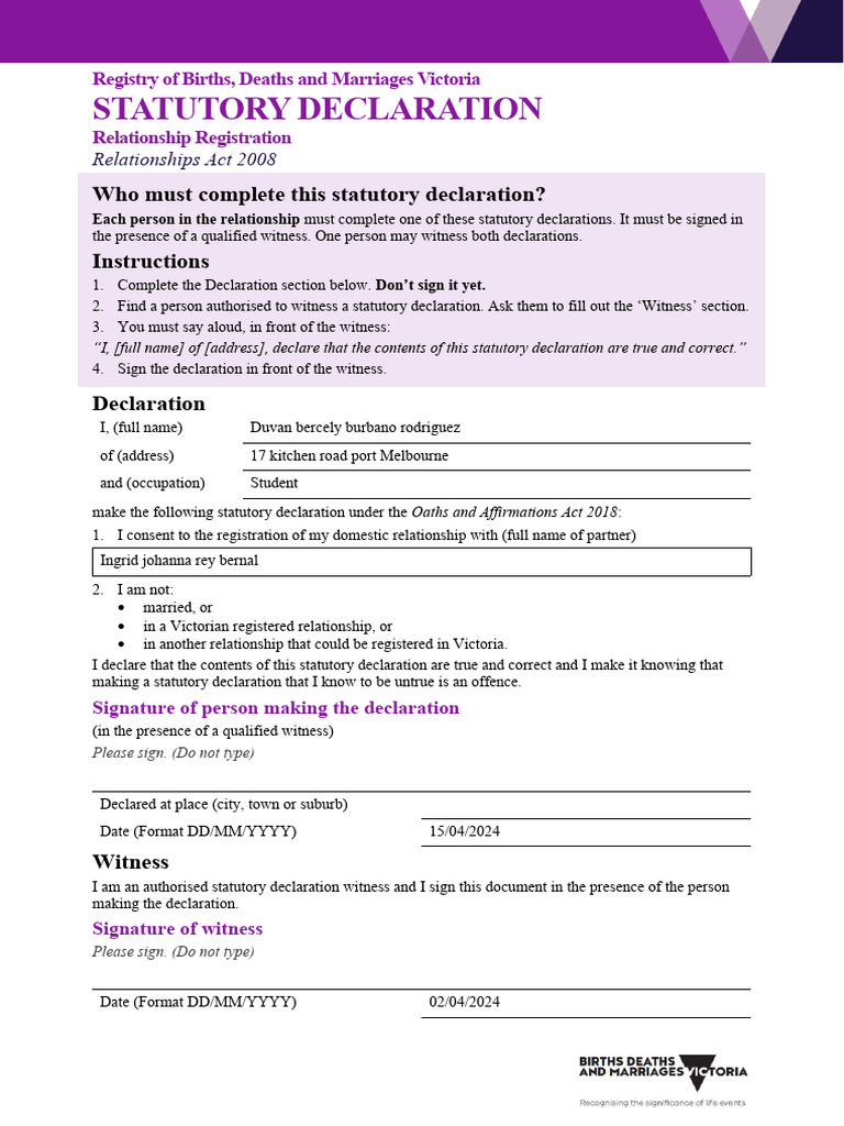 Statutory Declaration - Register A Relationship-1 | PDF | Justice ...