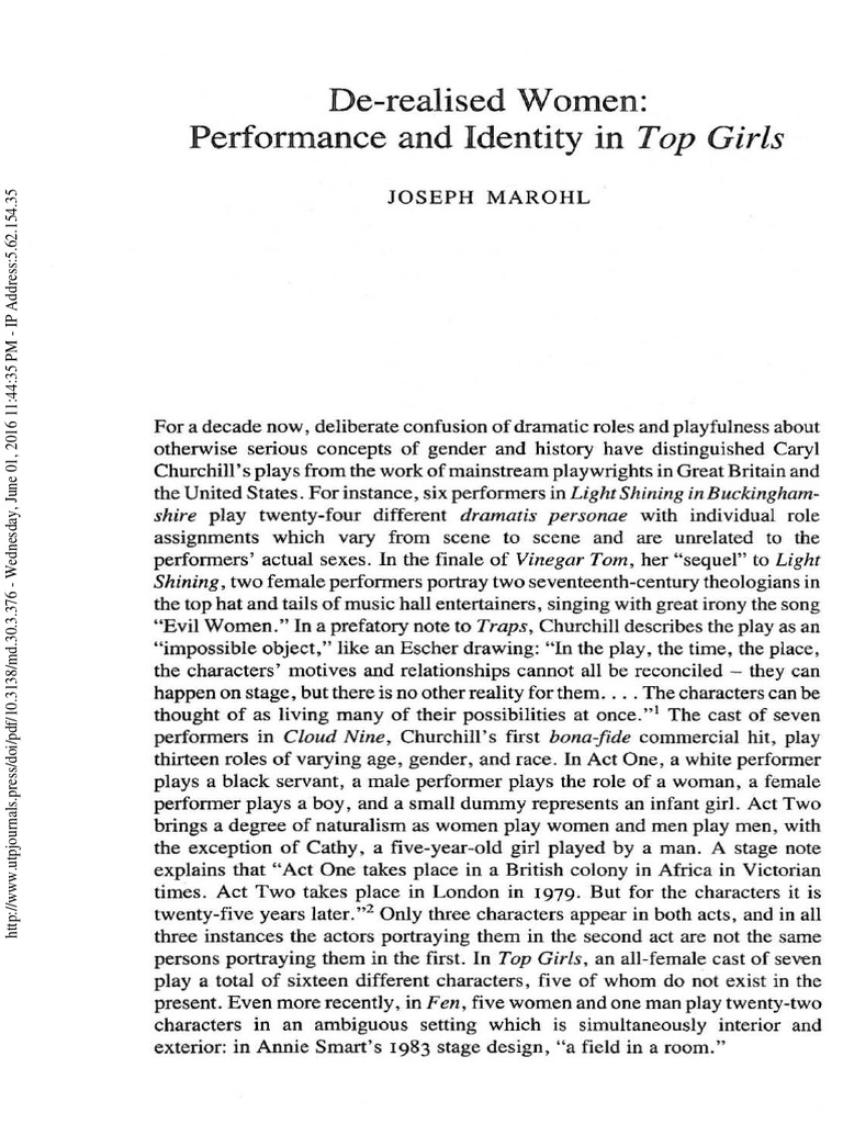De-Realised Women - Performance and Identity in Top Girls | PDF