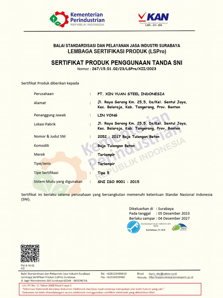 Sertifikat SNI PT Xin Yuan Steel | PDF
