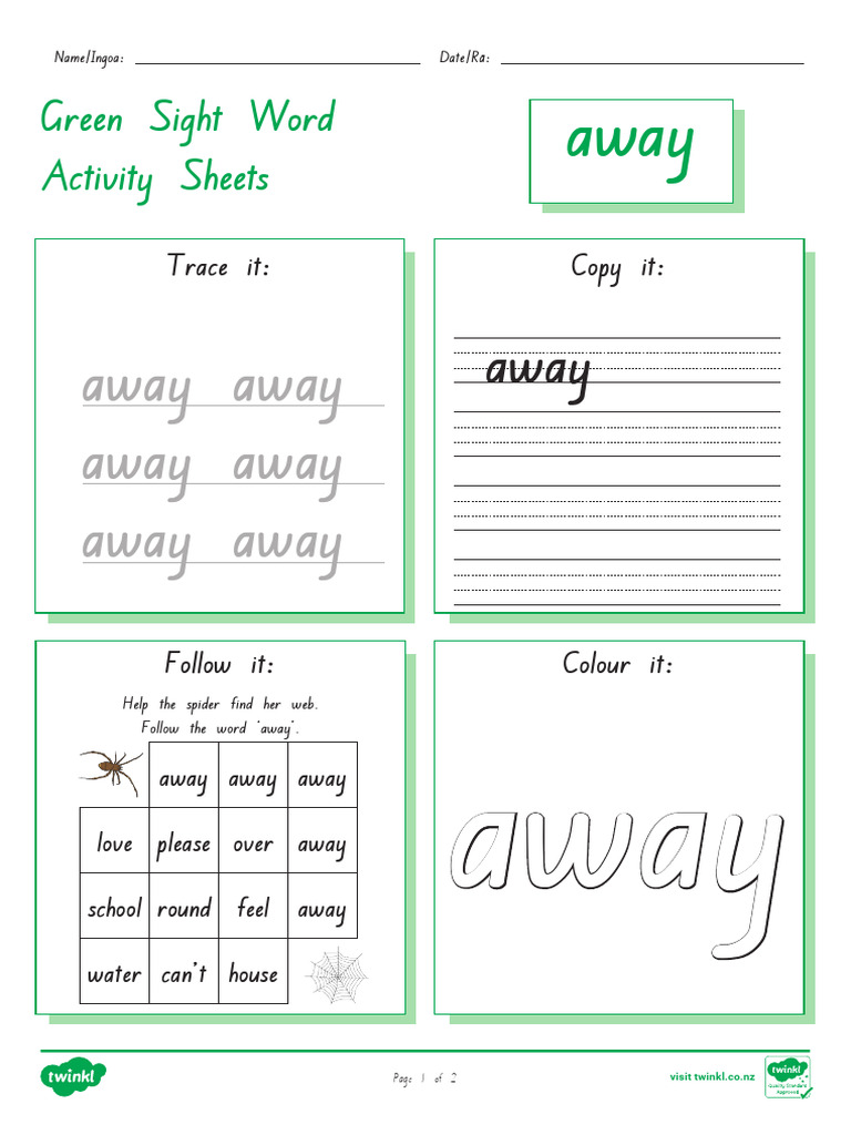 NZ-E-10-New Zealand Green Sight Words Activity Sheets | PDF