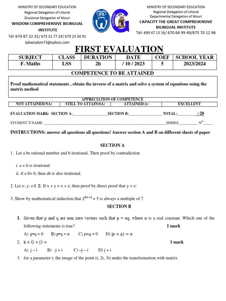 F Maths LSS Eval 1 | PDF | Matrix (Mathematics) | Functions And Mappings