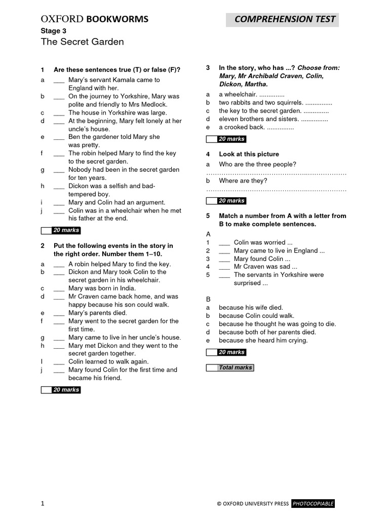 Comprehension Test for The Secret Garden | PDF | The Secret Garden