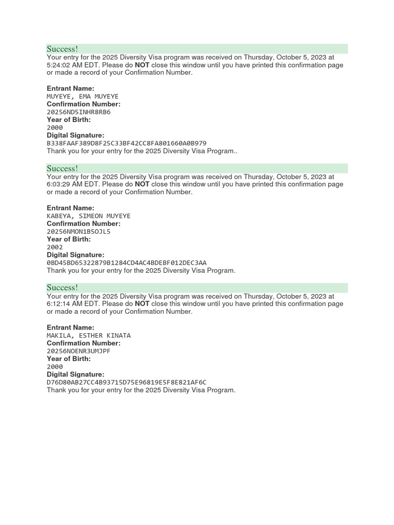 DV-2025 Program Entry Confirmations | PDF | Signature | United States ...