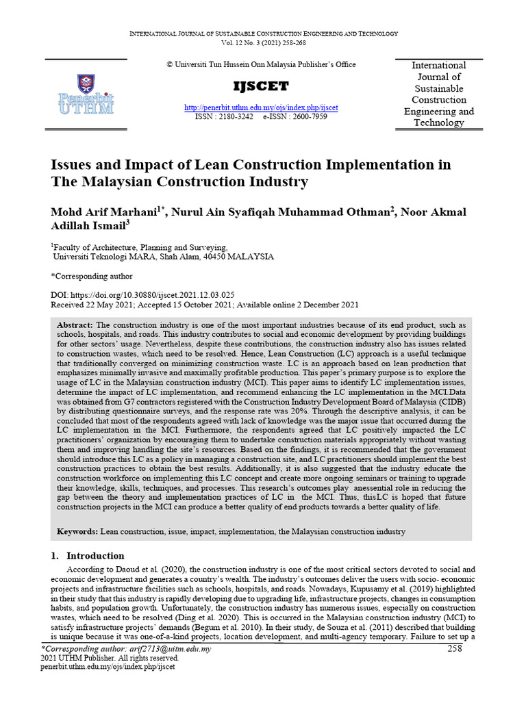 Issues and Impact of Lean Construction Implementation in | PDF | Survey Methodology | Lean ...