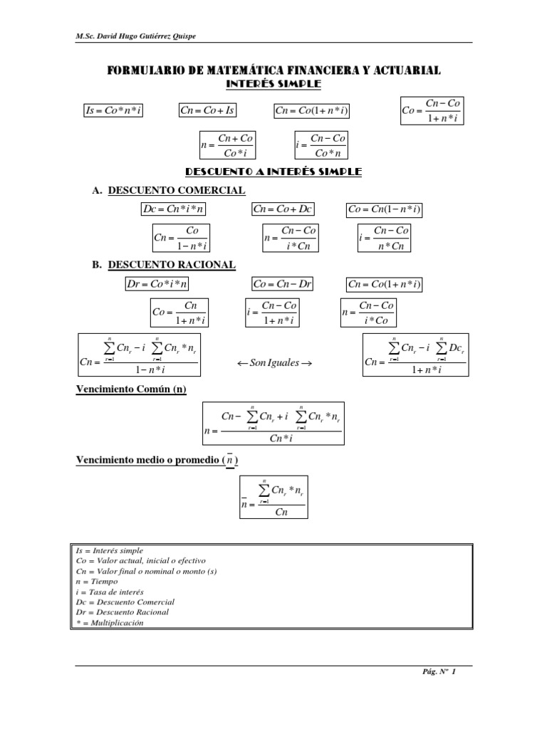 Formulario de Matemática Financiera Actuarial | PDF