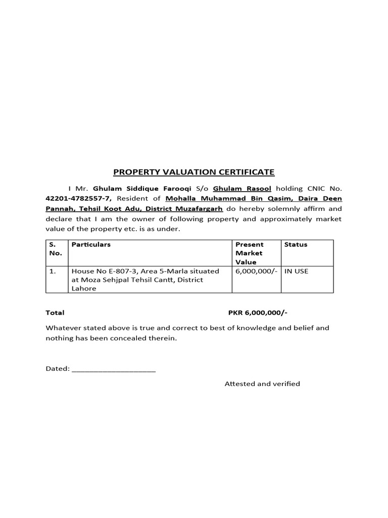 Property Valuation Certificate | PDF