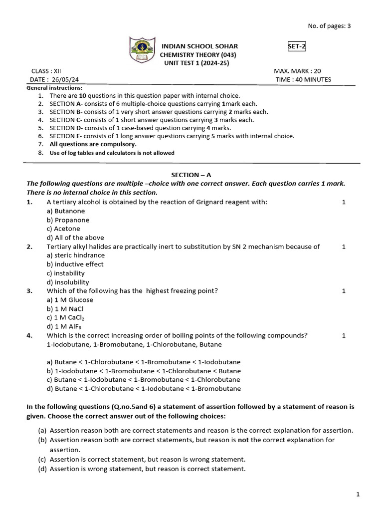 Class Xii Ut I Chemistry (Set 2) 2024-25 | PDF | Sodium Hydroxide | Ethanol