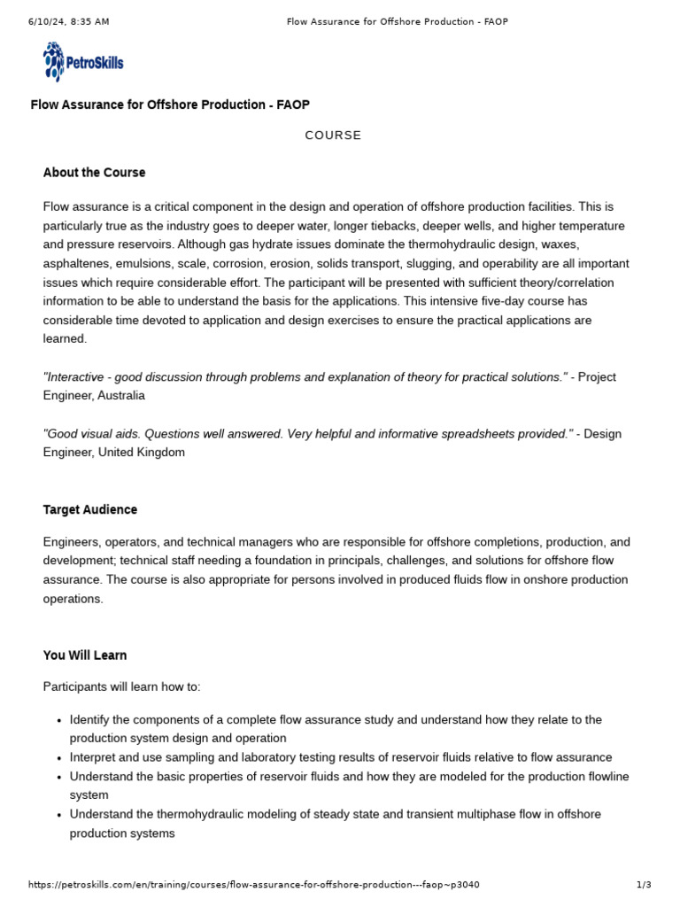 Course Flow Assurance For Offshore Production - Faop | PDF | Fluid ...
