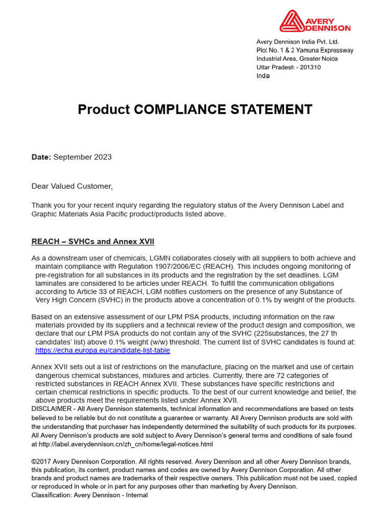 Avery Dennison Compliance Statement | PDF | Occupational Safety And ...