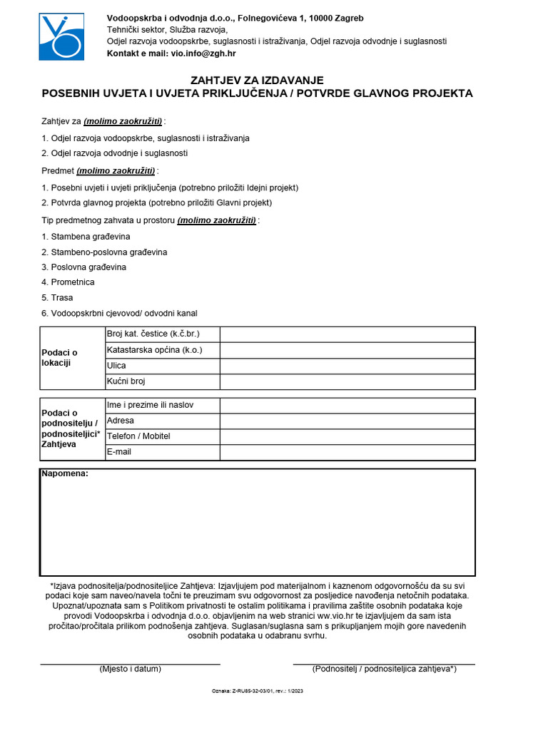 VIO - Zahtjev Za Izdavanje Posebnih Uvjeta I Uvjeta Priključenja ...