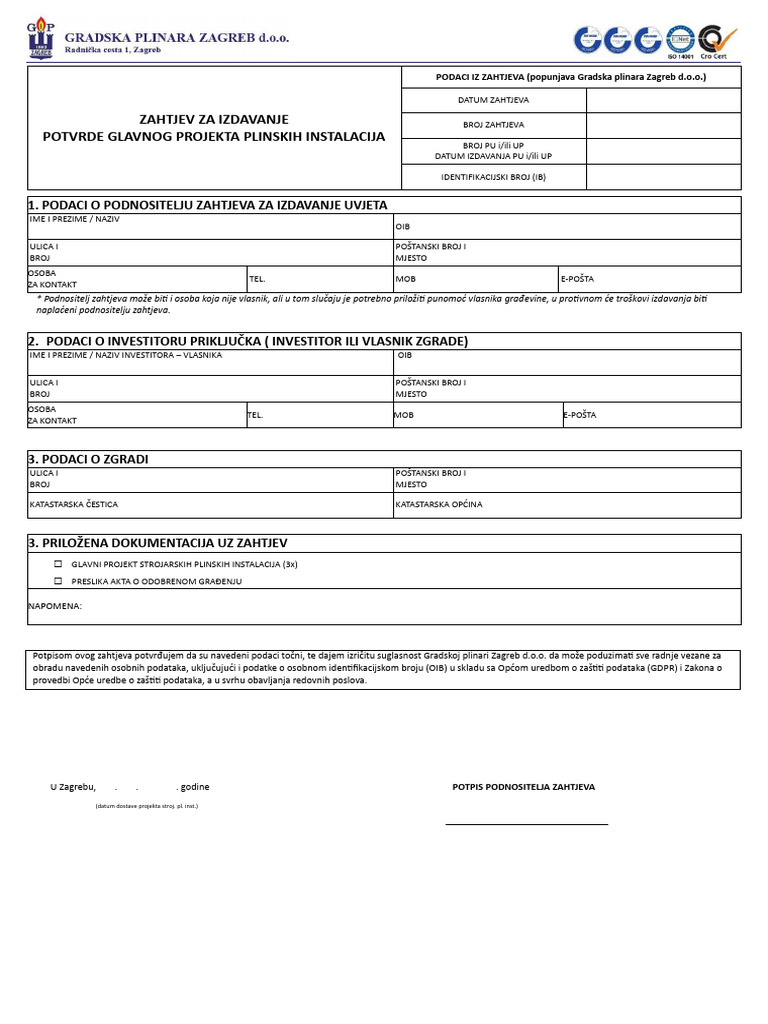PLINARA - ZAGREB - Zahtjev Za Izdavanje Potvrde Glavnog Projekta | PDF