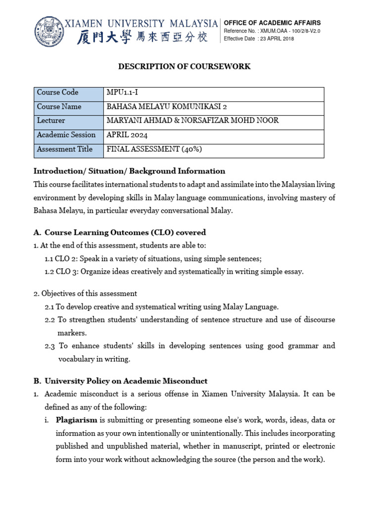 Description of Coursework - Final Assessment (Kehidupan Hujung Minggu ...
