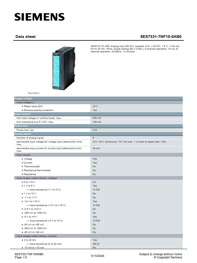 SM 331 Analog Input Module Data Sheet | PDF | Electrical Resistance And ...
